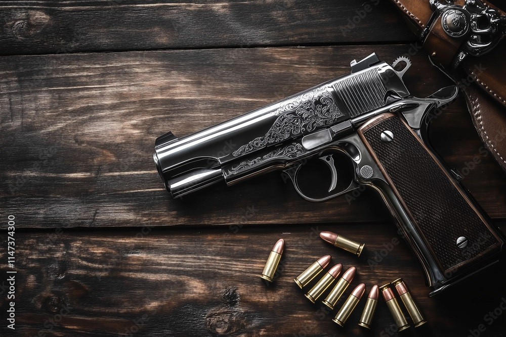 Pistol gun and scattered bullets on an old wooden table of shooting ...