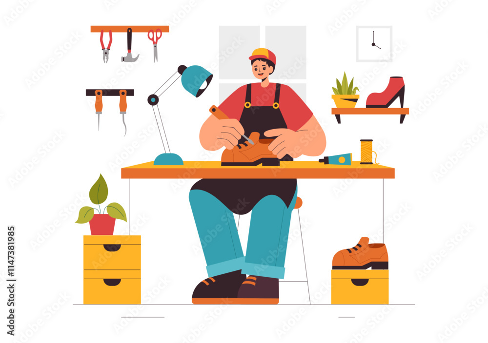 Shoemaker Profession Vector Illustration featuring the Process of Shoe ...