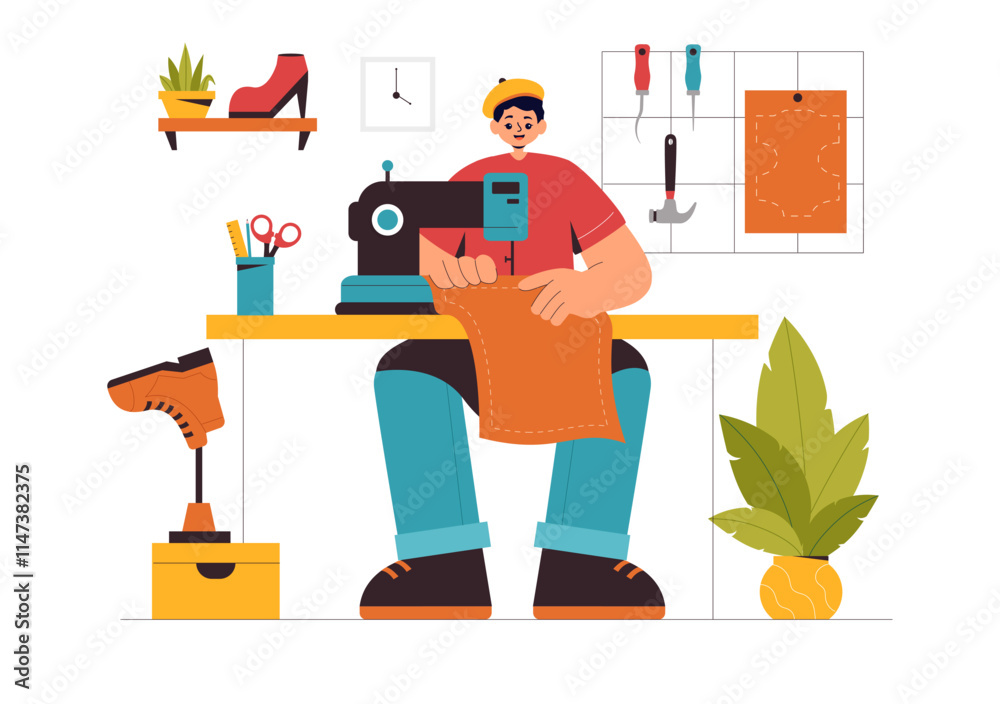 Shoemaker Profession Vector Illustration featuring the Process of Shoe ...