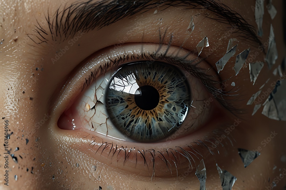 Hyper-Realistic Eye Reflecting A Cracked Mirror, With Shards Showing ...