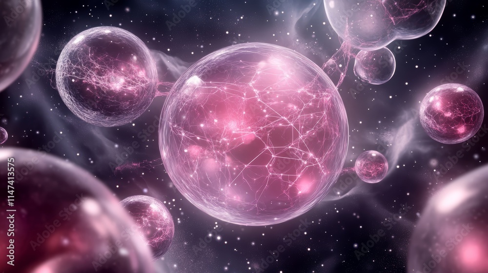 Pink spheres cluster, abstract arrangement of glossy spherical shapes ...