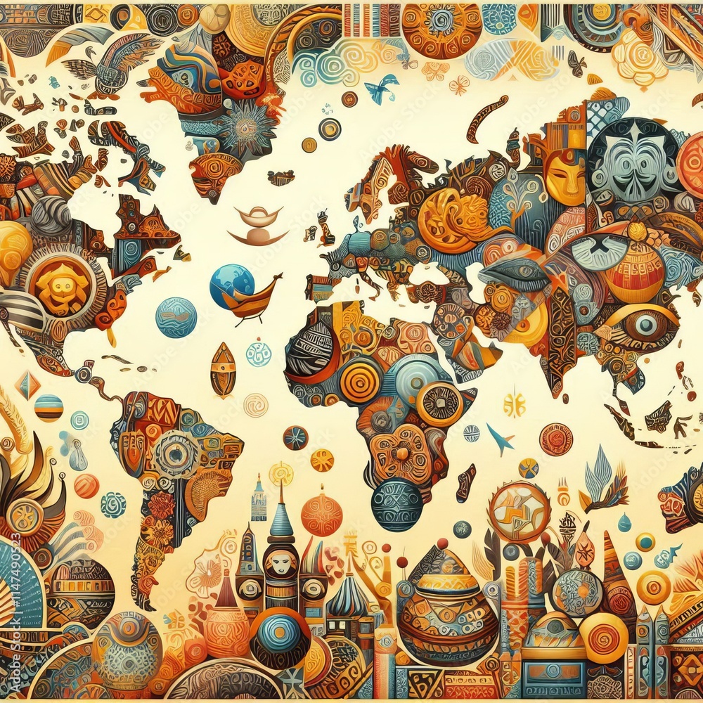 World Map Collage Create a map of the world using cultural symbo Stock ...