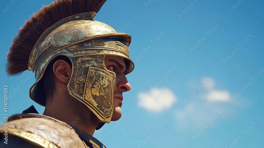 Perfil de un guerrero romano con casco decorado y penacho, bajo un ...