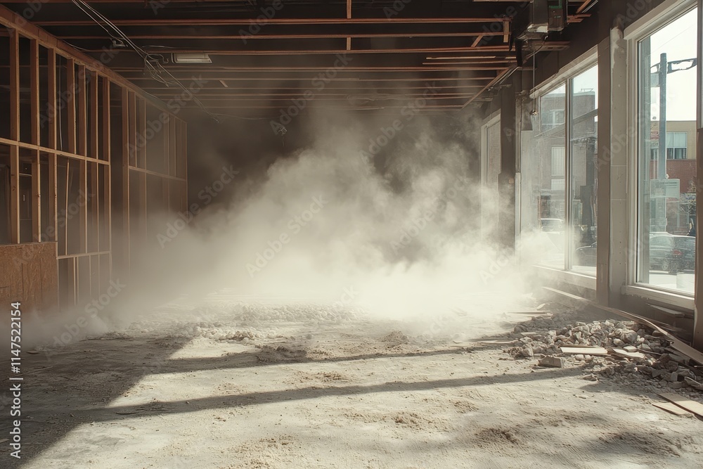 Dusty interior demolition scene; wood framing visible. Illustrates the ...