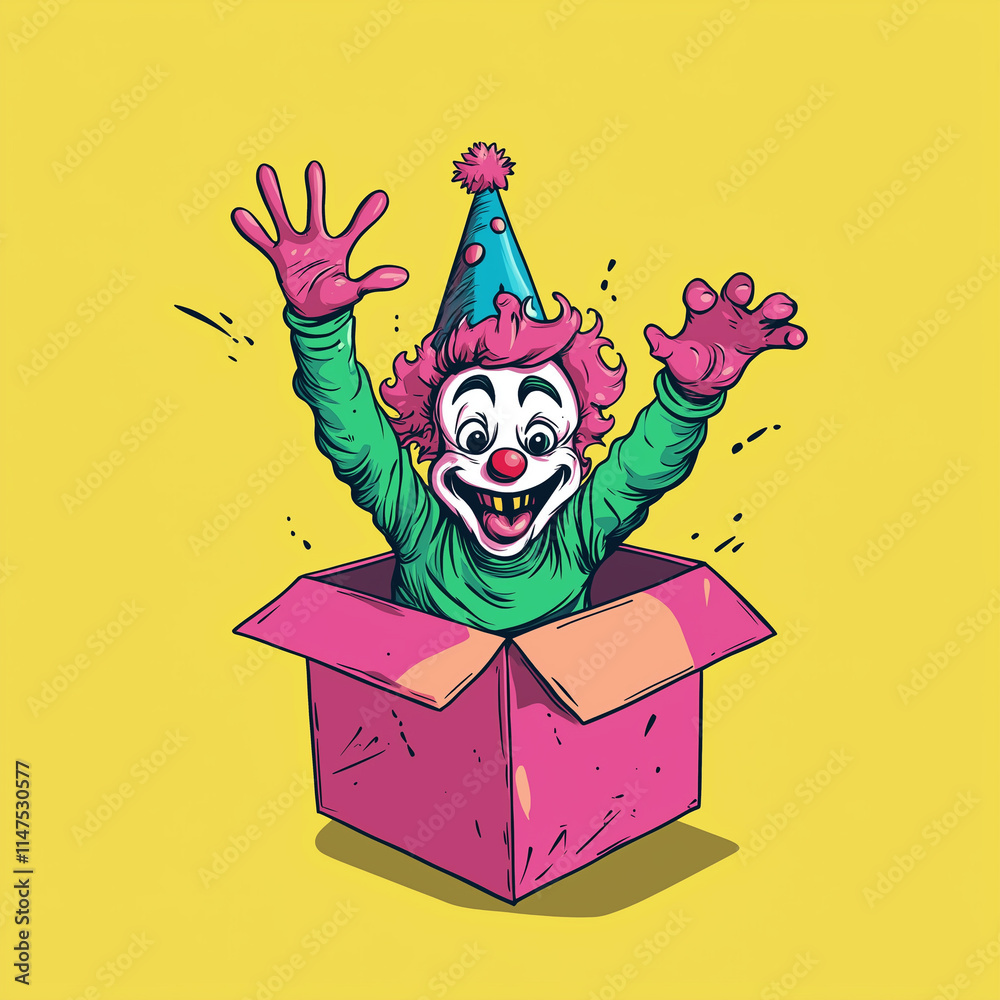 Cartoon clown popping out of a pink box wearing a party hat on a bright ...