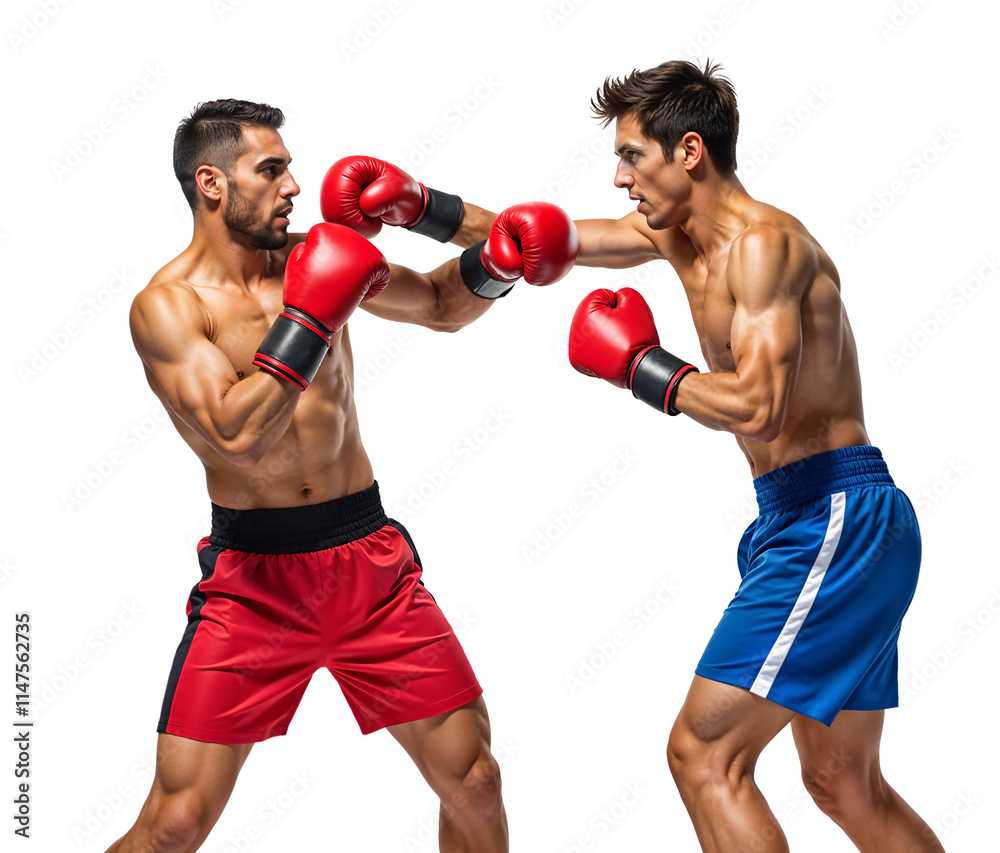 Two pro boxer punching fighting in a boxing match, isolated background ...