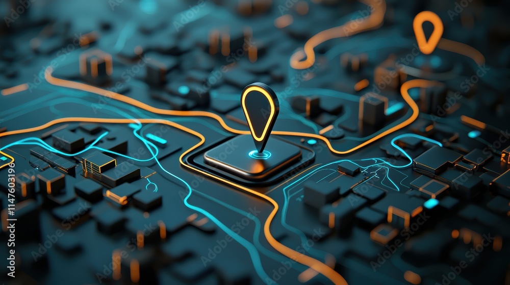 3D Digital Map with Location Pin and Urban Layout in Modern Tech Style ...