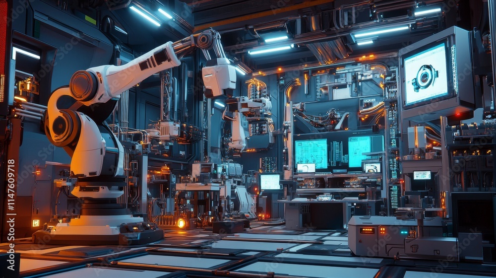 Ilustración de Stock Automated robotic arm in high-tech industrial ...