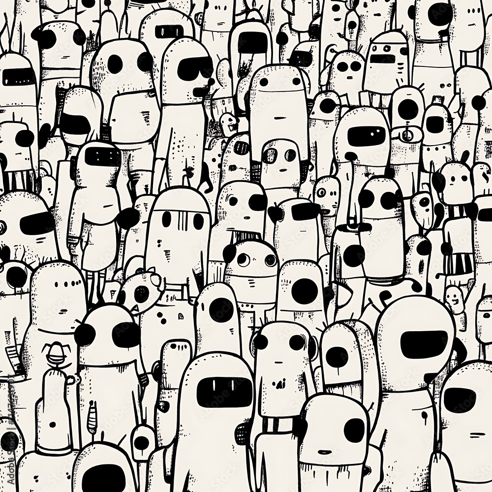 Cartoon Crowd of Unique Characters in Black and White Design Stock ...
