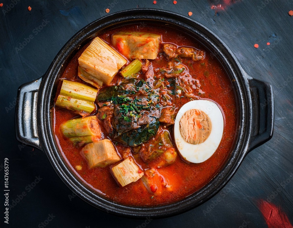 Doenjang Jjigae (된장찌개) – Fermented soybean paste stew. top view Stock ...