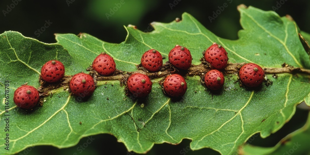 Red galls formed by a wasp larva on oak leaves provide unique ...