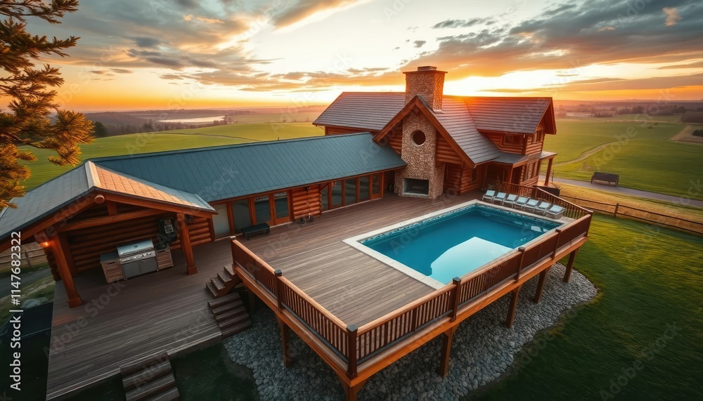 Beautiful log house with a large wooden terrace featuring a barbecue ...