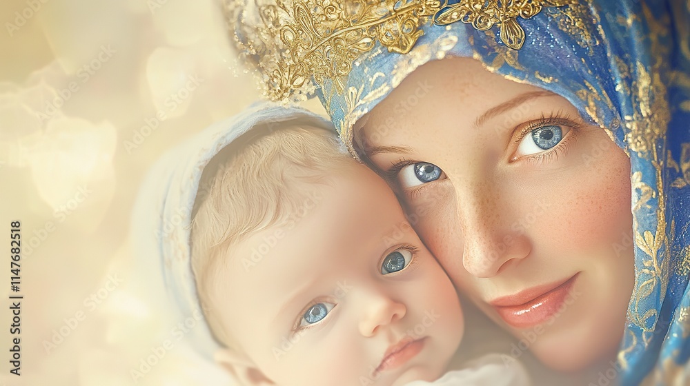 Digital artwork of Maria and baby Jesus with kind and gentle smiles ...