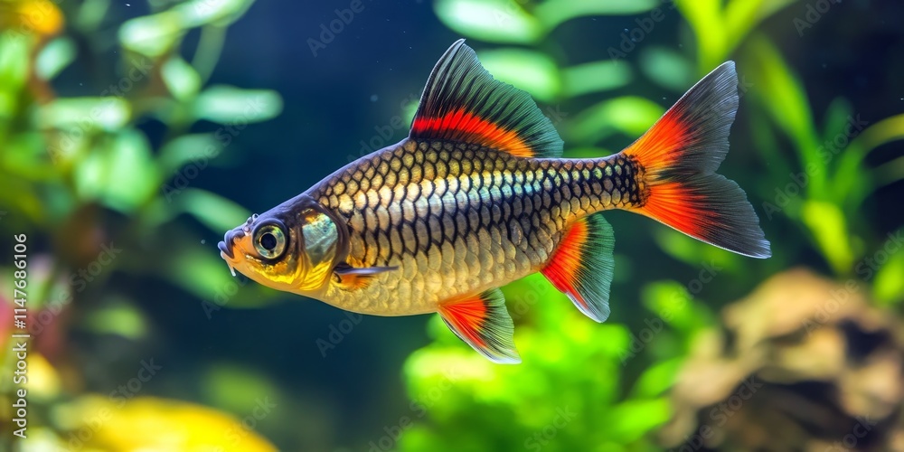 Aquarium fish featuring the vibrant Tiger barb, also known as Sumatra ...