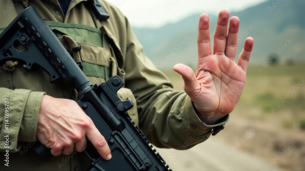 ภาพถ่าย Stock Soldier with a machine gun at a post shows a hand gesture ...