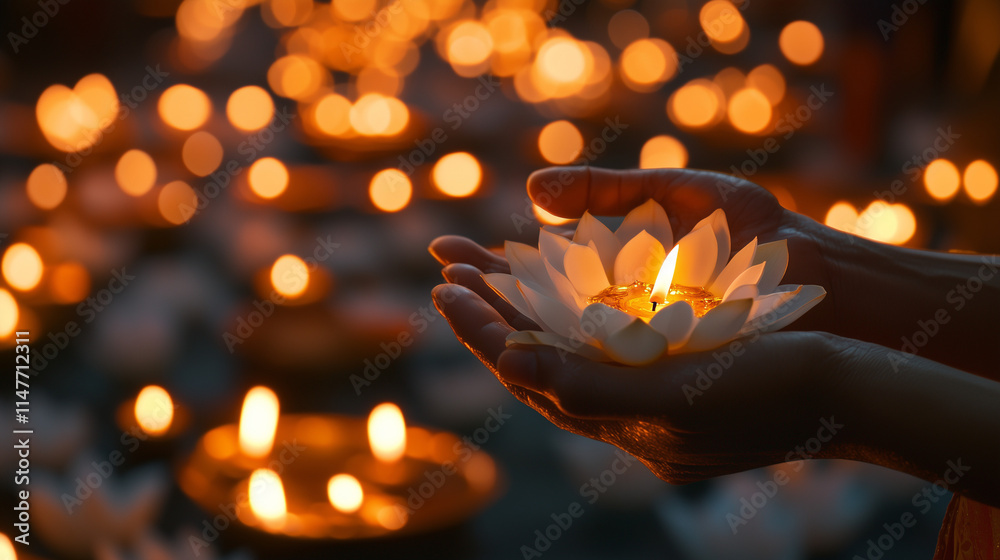 hands of a devotee holding lotus flowers, burning candles and incense ...
