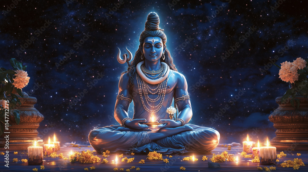 Maha Shivaratri Banner, majestic statue of Lord Shiva with shining ...