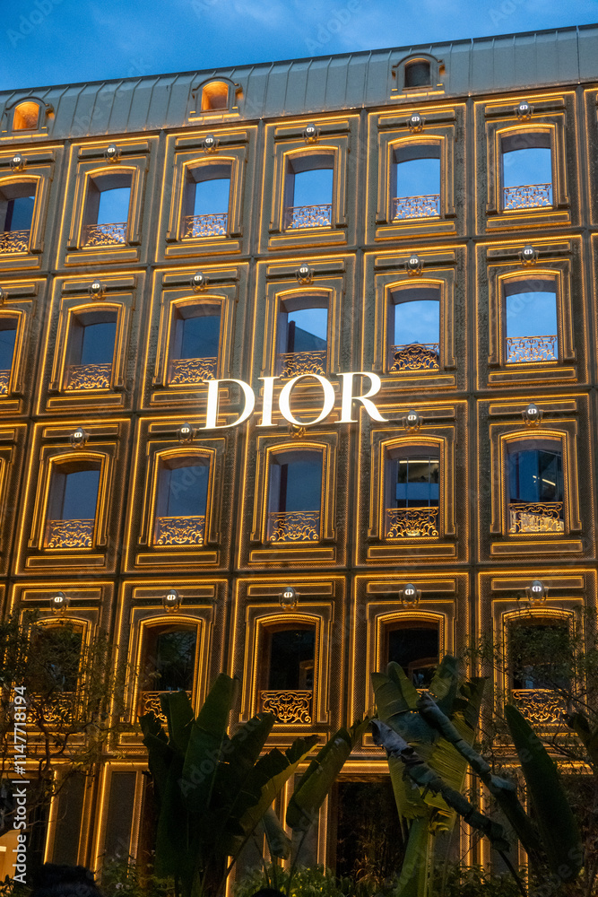 Bangkok, Thailand - 14 December 2024: Dior Gold House at night with the ...