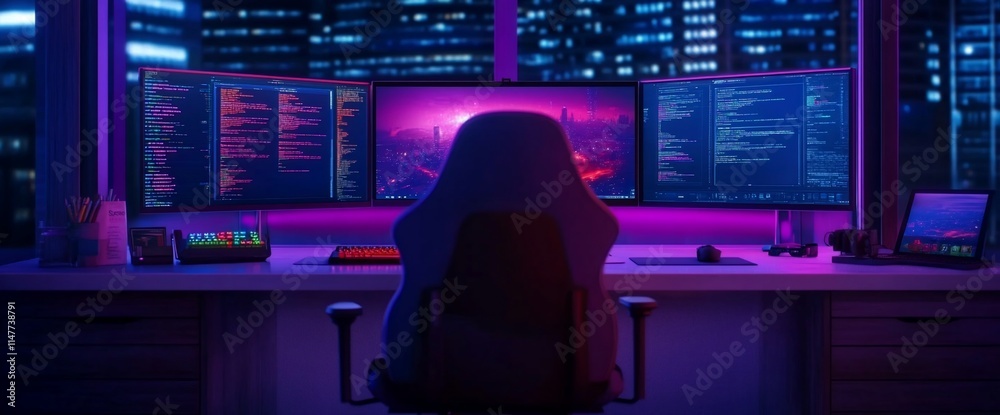 Night city view from gaming setup with triple monitors displaying code ...
