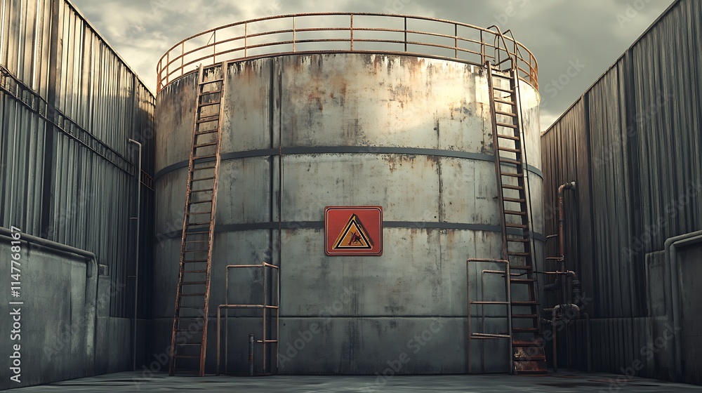 A large industrial storage tank with warning signage and ladders for ...