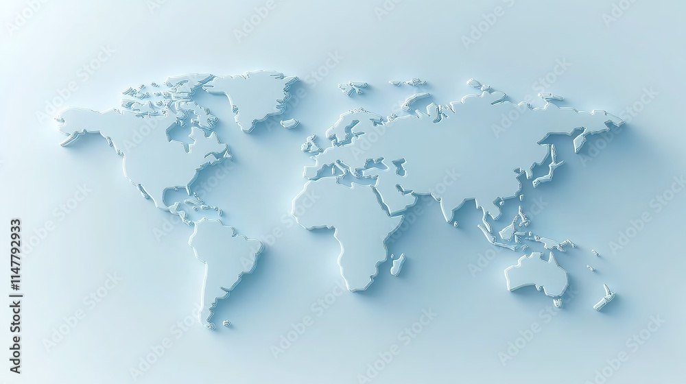3D world map with a light blue background, simple design, white paper ...