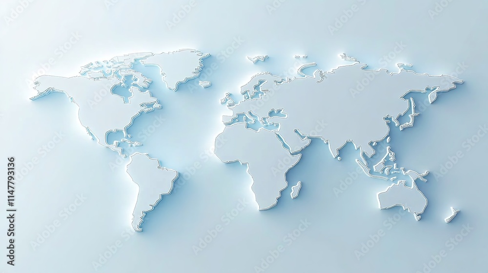 3D world map with a light blue background, simple design, white paper ...