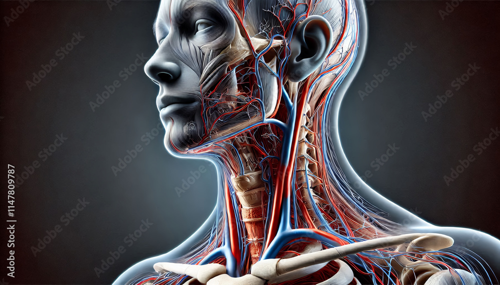 Digital illustration of the human neck with detailed blood vessels ...