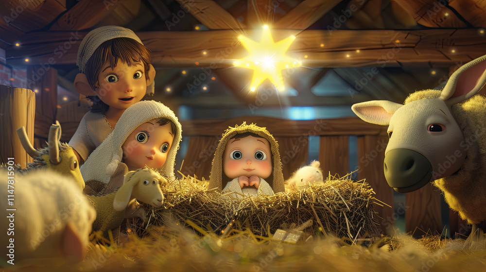 charming scene depicting nativity with animated characters, featuring ...