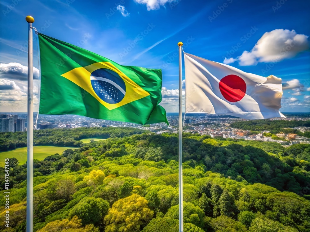 Drone Shot: Brazil Japan Flags Waving, National Flags, Aerial View ...