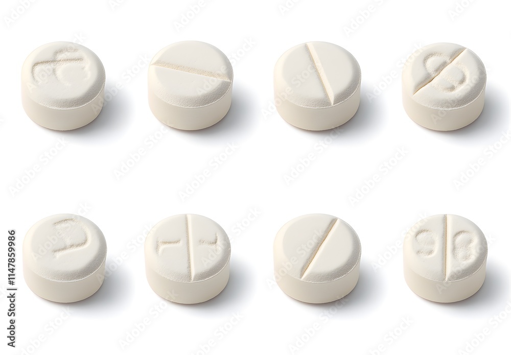White round pills isolated on a white background, viewed from different ...