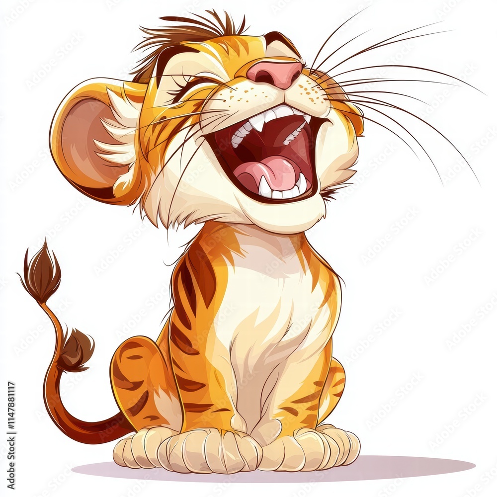 Joyful cartoon tiger laughing digital art whimsical style bright colors ...