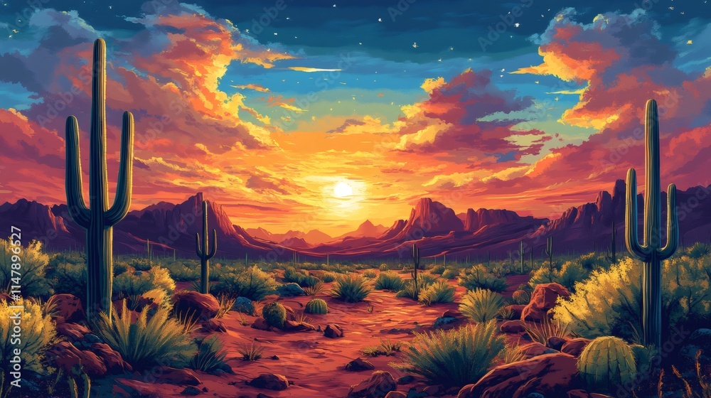 Vibrant sunset illuminating majestic desert landscape with saguaro cacti Stock Illustration ...
