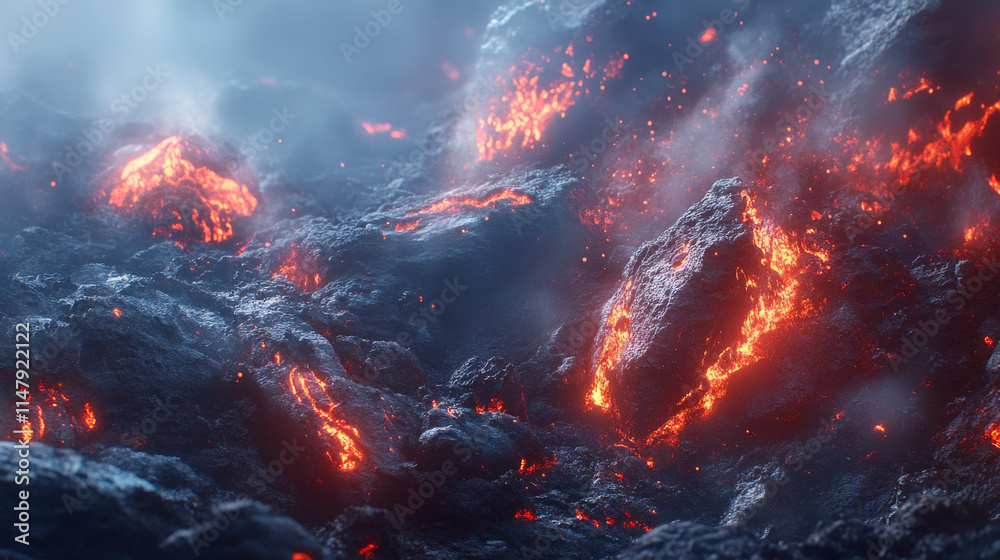 Volcano boulder texture with lava in cracks and broken stones. Volcanic ...