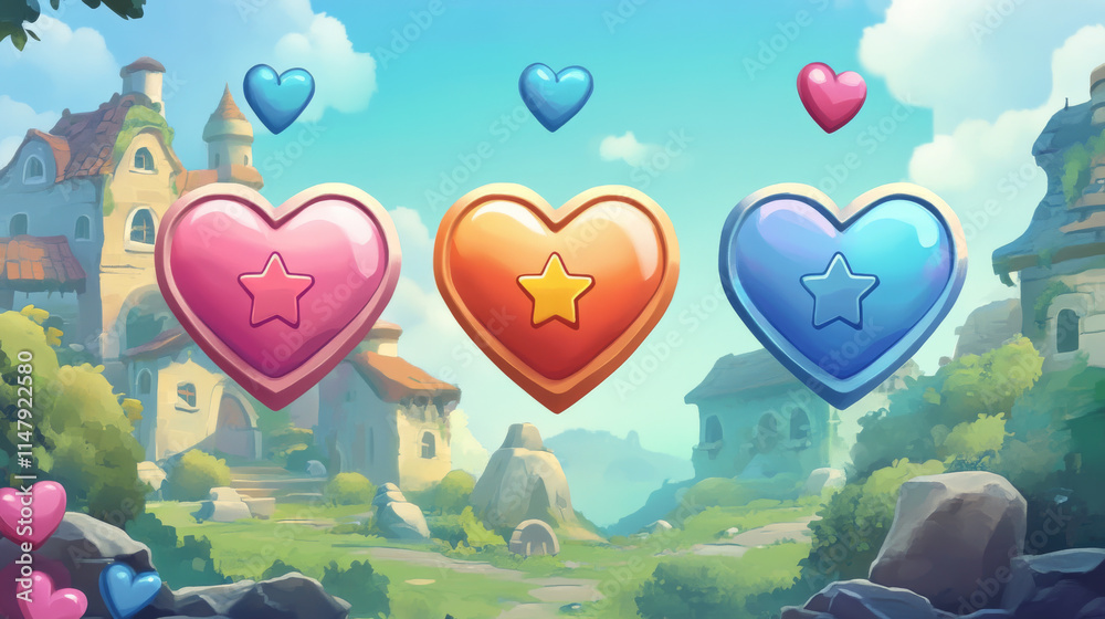 Heart shaped indicators to select game level. Gui romantic pointers - locked, in progress and ...