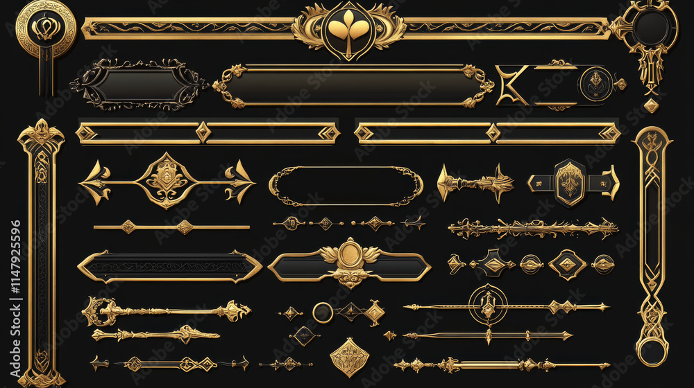 Game ui frames, gold medieval menu elements, buttons or banners with ...