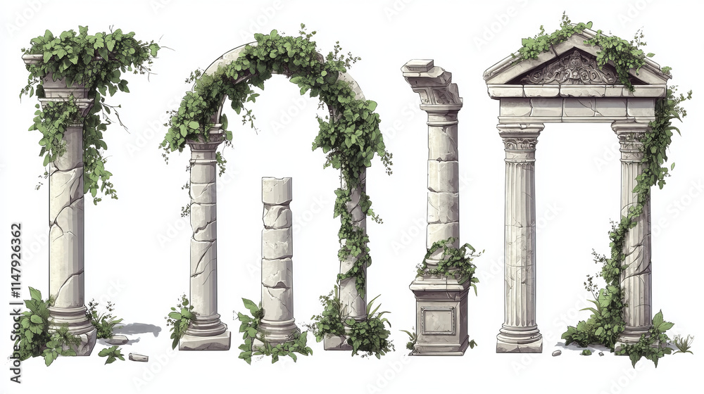 Ancient greek ruin set. Broken roman column and arch vector. Damage ...