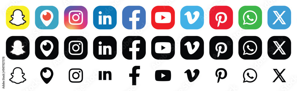 Facebook, twitter, instagram, youtube, snapchat, pinterest, whatsap, linkedin, periscope, vimeo ...