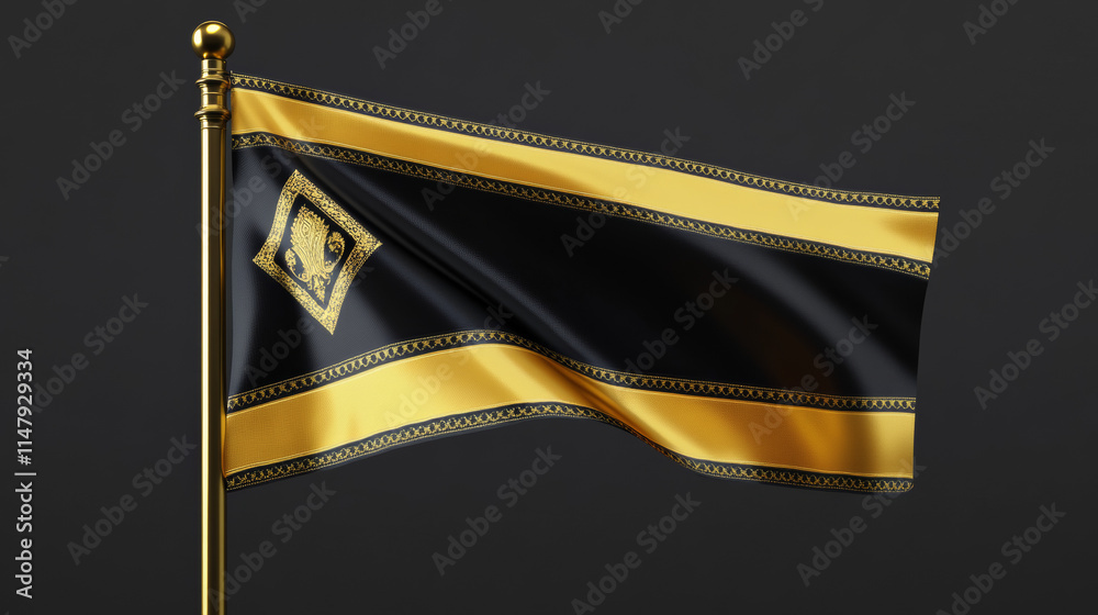 3d black and gold vertical pennant flag vector mockup. Golden realistic ...