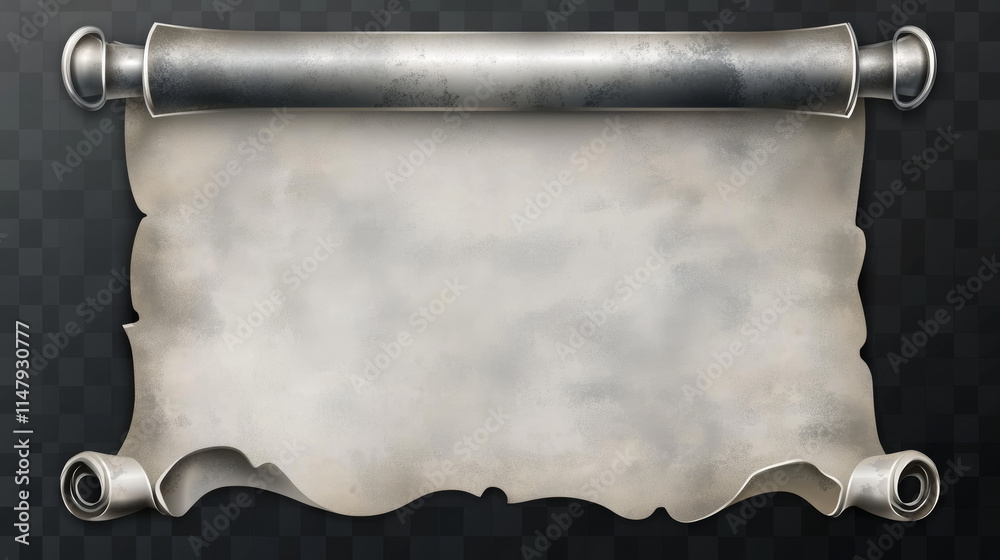 Silver scroll paper set, banner vector illustration isolated on transparent background. Royal ...