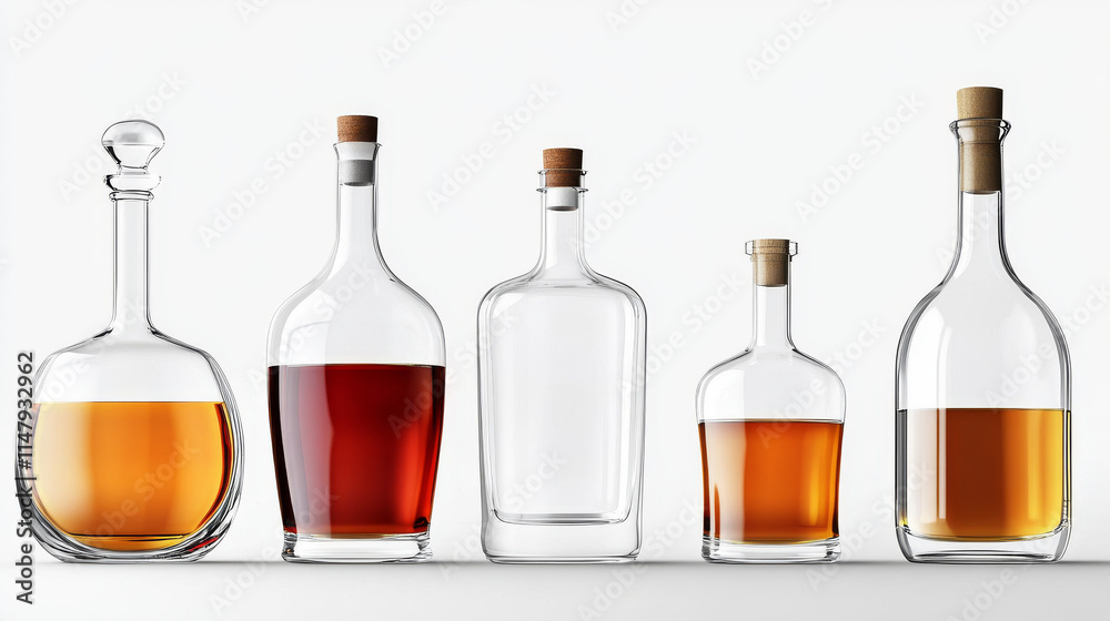 Glass bottles various shapes set. Vodka, rum, whiskey alcohol drinks ...