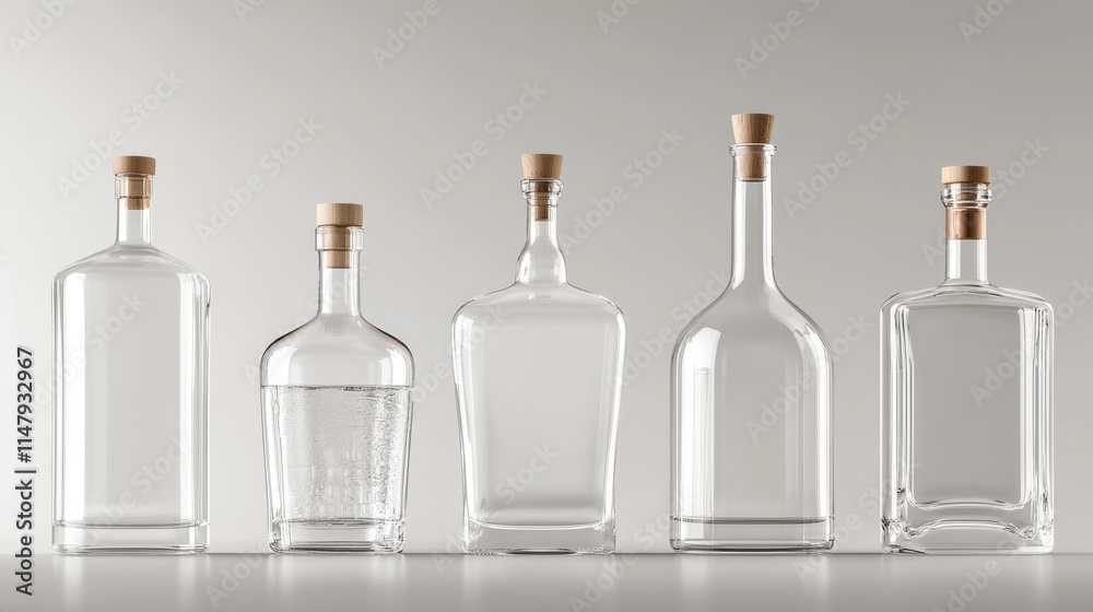 Glass bottles various shapes set. Vodka, rum, whiskey alcohol drinks ...