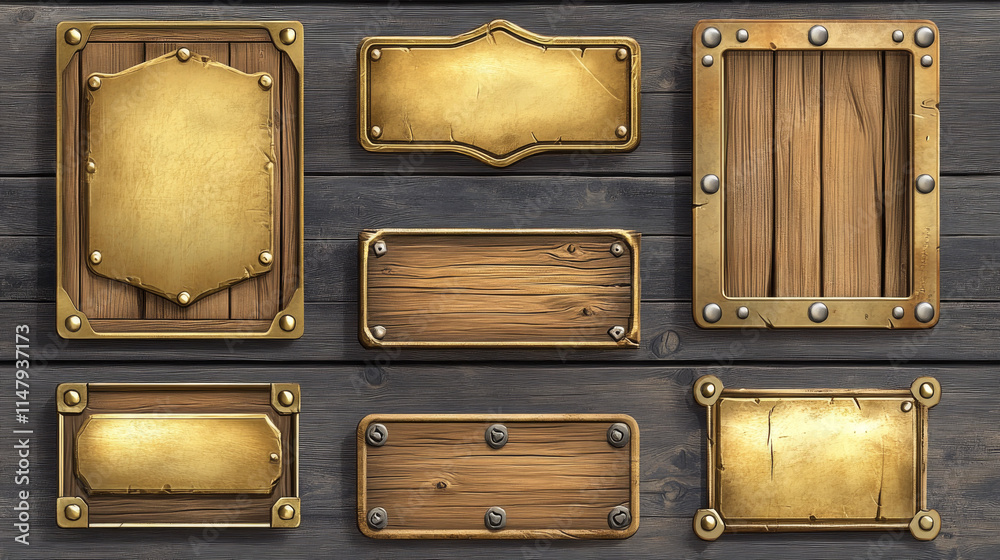 Gold name plates with wooden frame and screws isolated on transparent ...