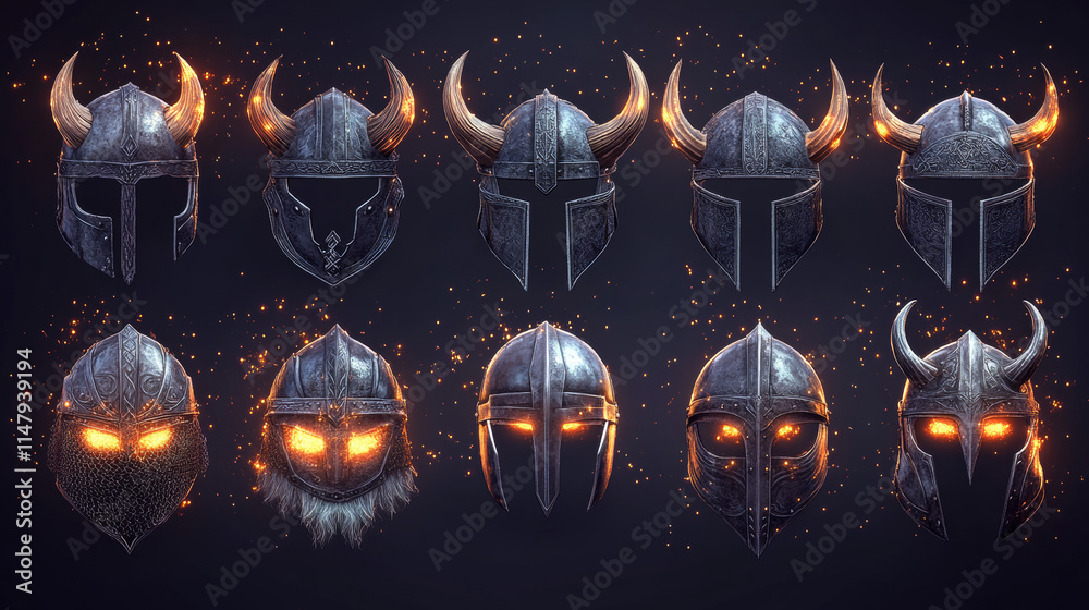 Viking helmets game props icons, medieval war hats with horns, scandinavian warrior armor, metal ...
