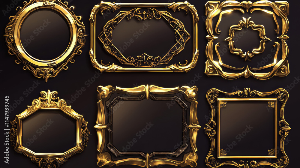 Ui game frames, gold textured round, square and hexagon borders with ornate rims and decor ...
