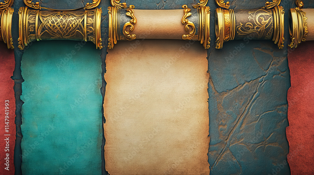 Luxury ancient parchment scrolls, royal manuscripts with color and gold frame. Old blank rolled ...