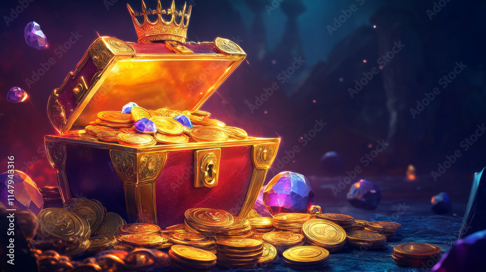 Gold coin treasure and chest box for game vector. Golden pirate loot ...