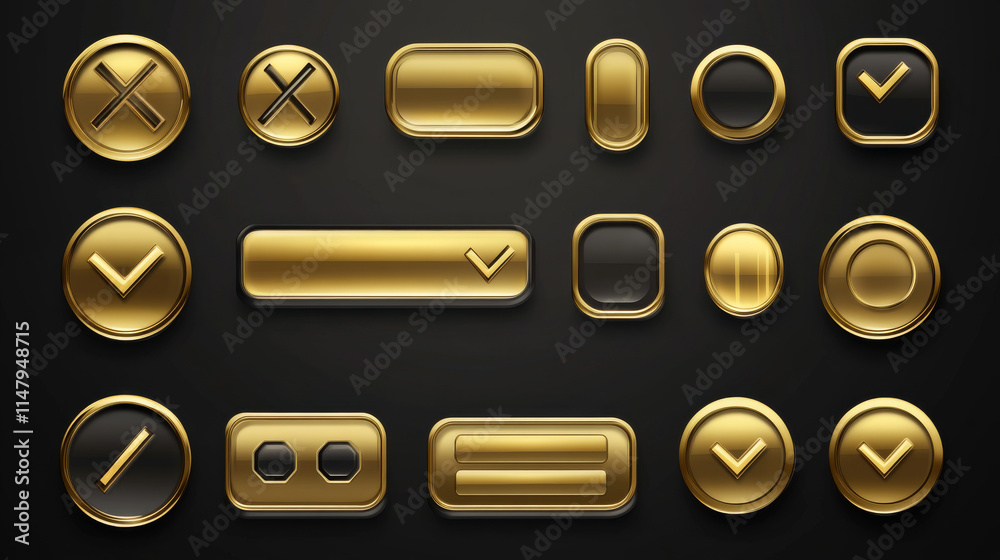 Golden buttons for user interface design in game, video player or ...
