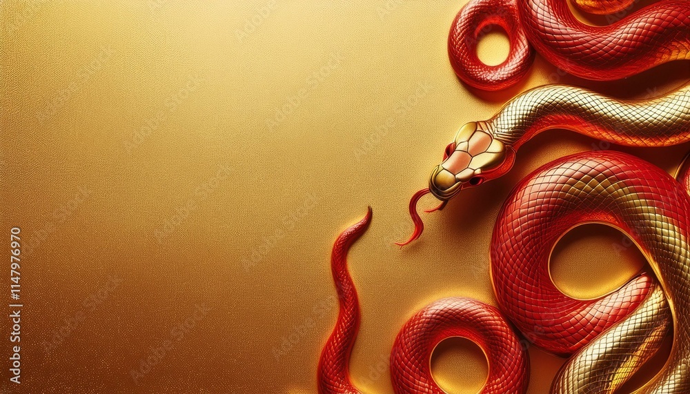 Top view of red and golden snakes on gold background with copy space ...