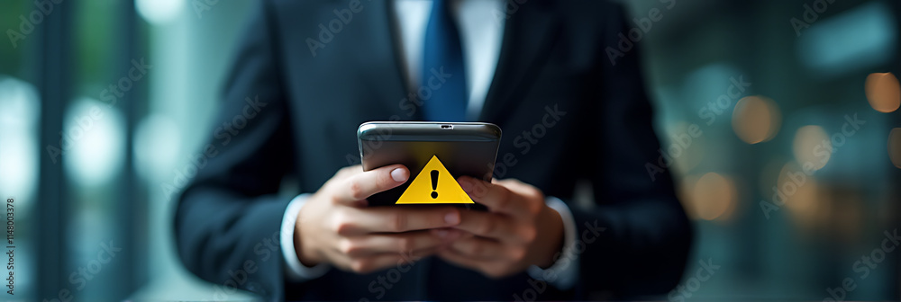 Businessman uses smartphone with caution warning sign as system fails ...