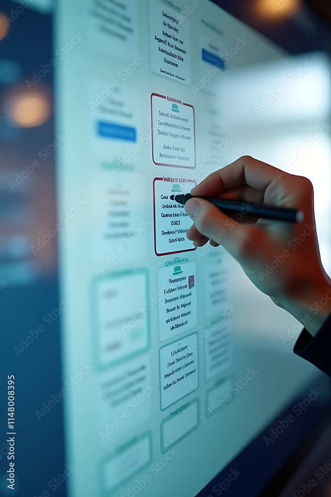 Businessman annotates the workflow plan on a virtual calendar to keep ...